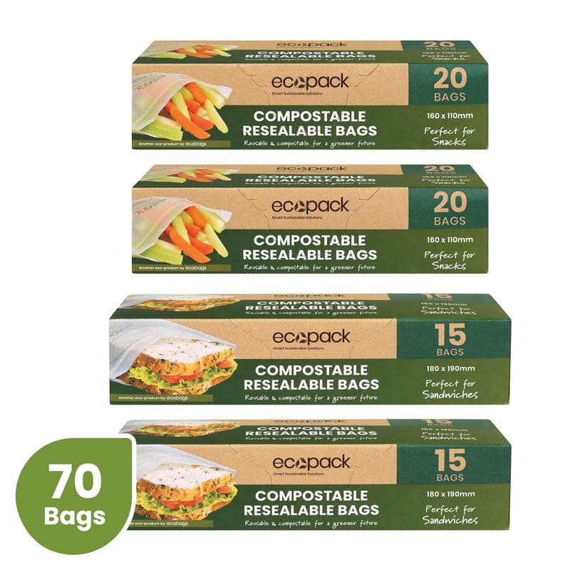 Ecopack Compostable Resealable Snack & Sandwich Bags Bundle (4 Boxes/7