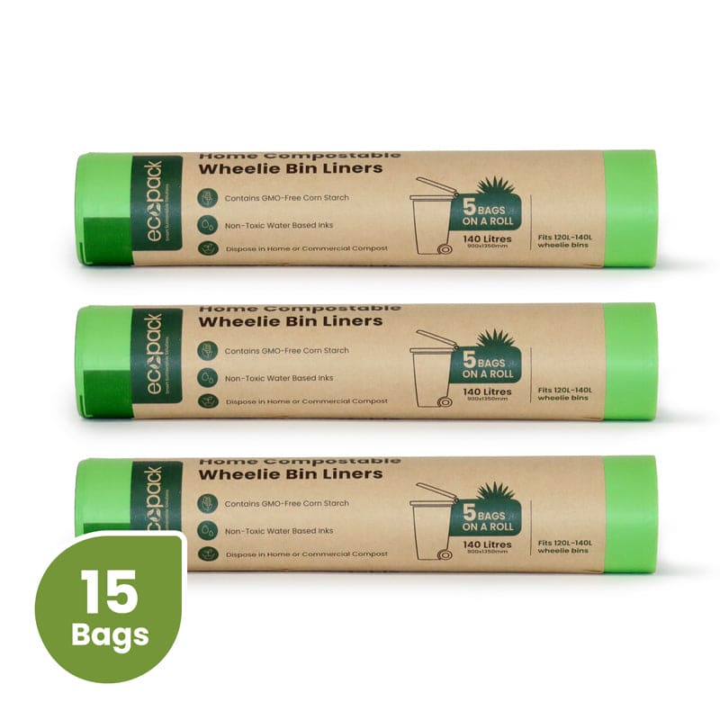Ecopack 140L Compostable Wheelie Bin Bags Bundle (3 Rolls/15 Bags)