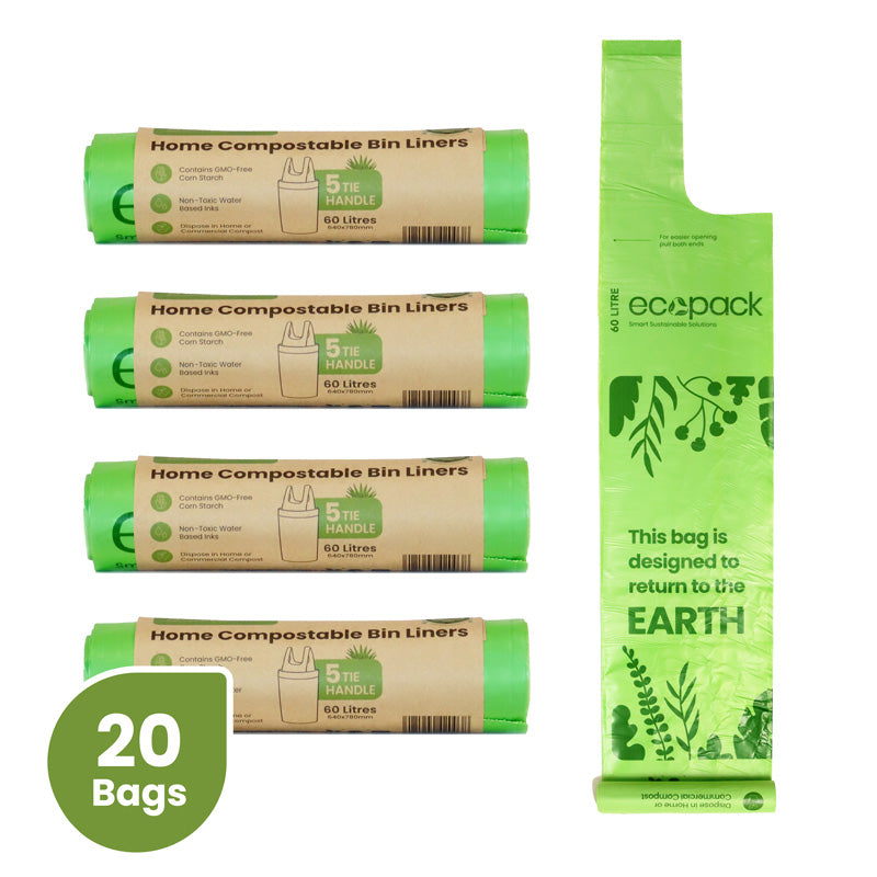 Ecopack 60L Compostable Bin Liners Bundle (4 Rolls/20 Bags)